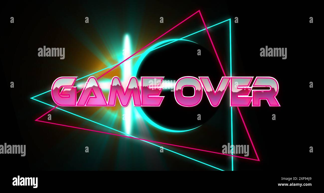 Image of game over text in pink shiny letters over pink and blue neon ...