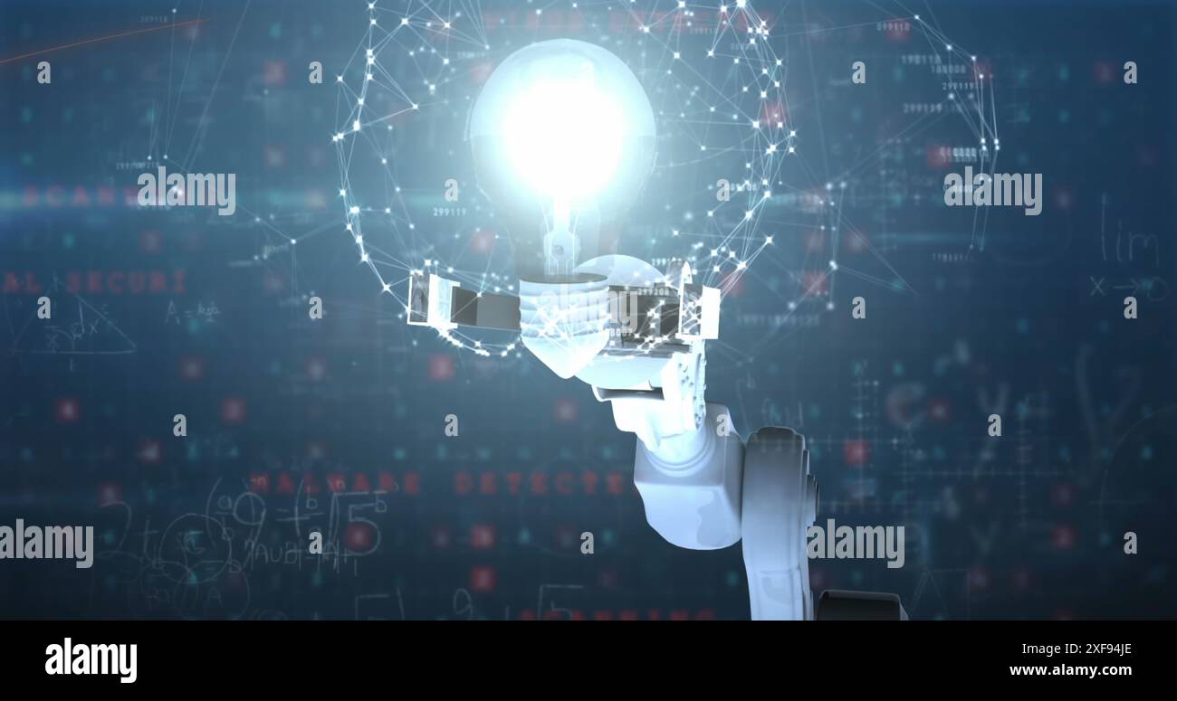 Image of network of connections over robotic arm holding a glowing bulb ...