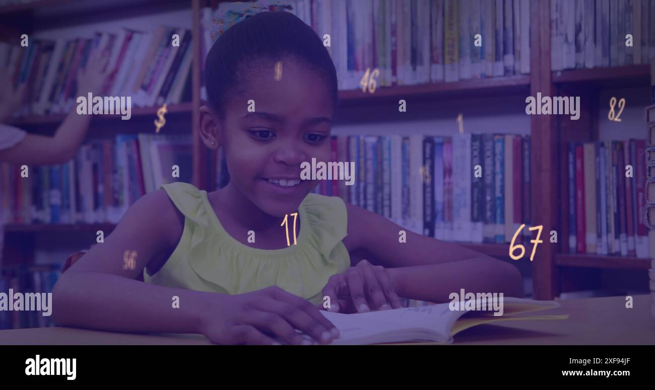 Image of numbers and symbols floating over african american girl ...
