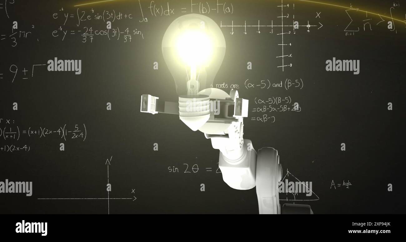 Image of robotic arm holding a glowing bulb against mathematical ...