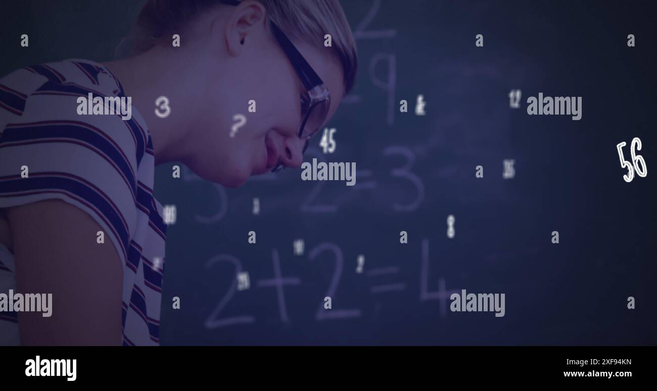 Image of numbers and symbols floating over diverse female teacher ...