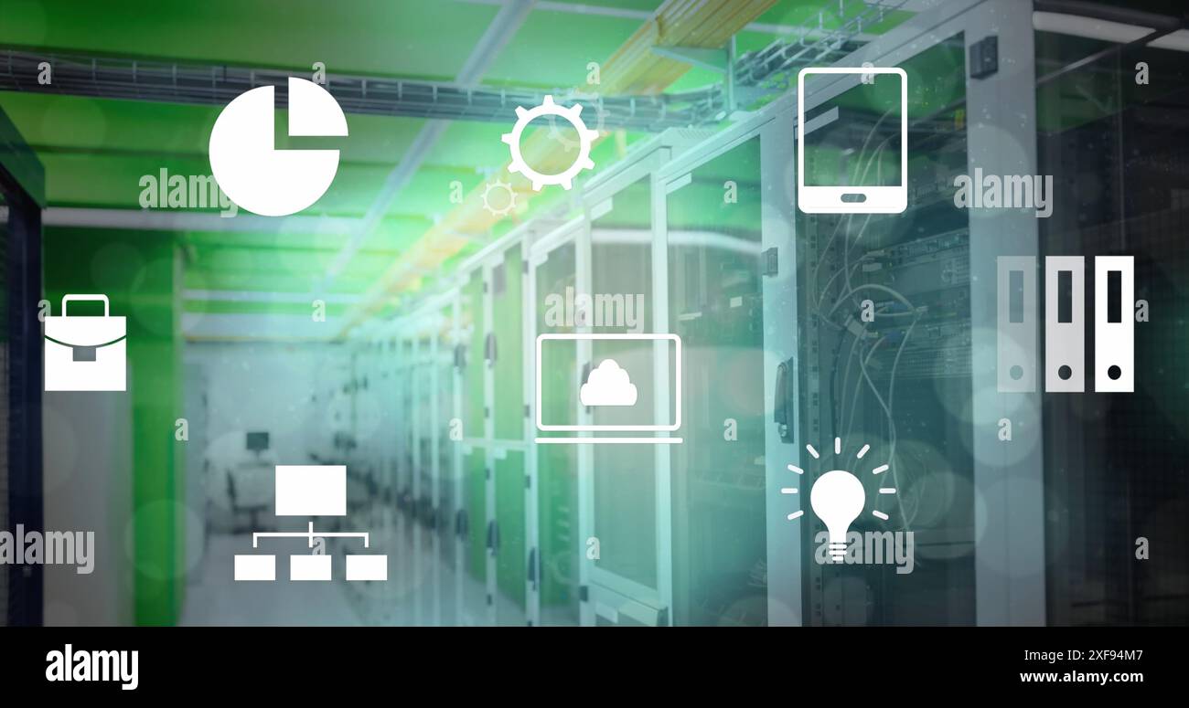 Image of multiple digital icons and light spots against computer server ...