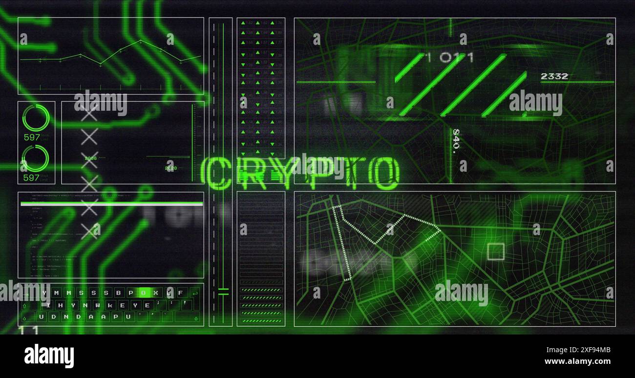 Image of crypto text banner over interface with data processing against black background Stock ...