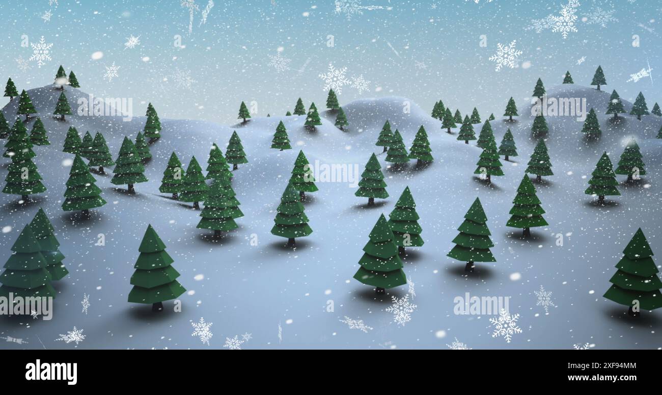 Image of snowflakes falling over multiple trees on winter landscape ...