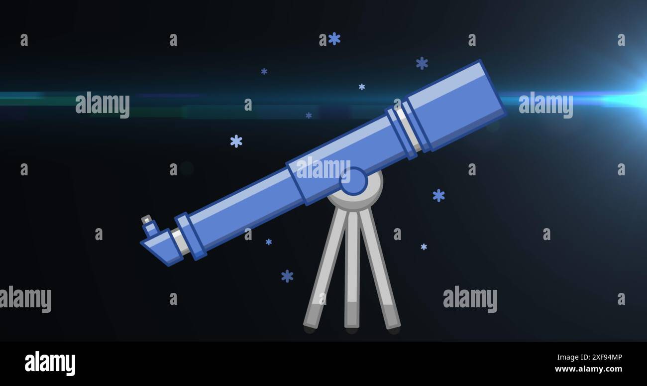 Image of telescope and blue light trail against black background with ...