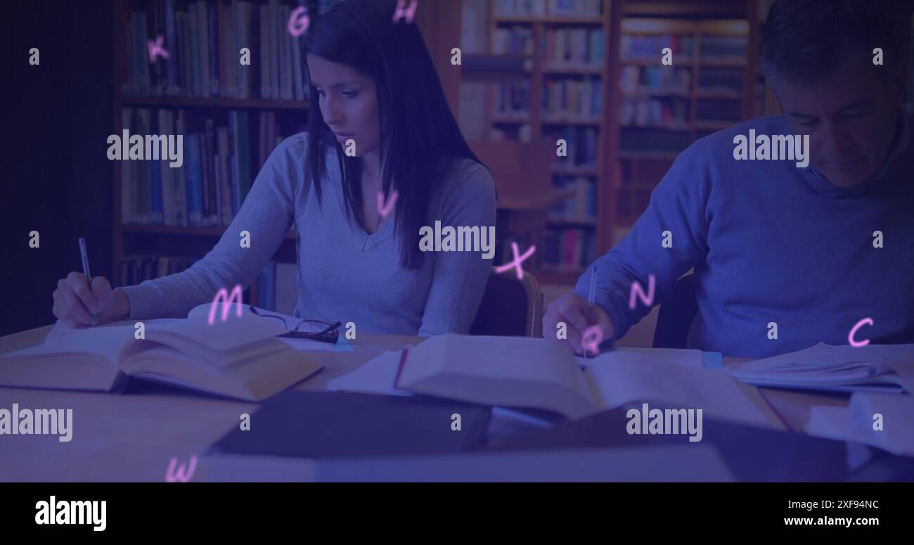 Image of multiple alphabets floating over diverse man and woman ...