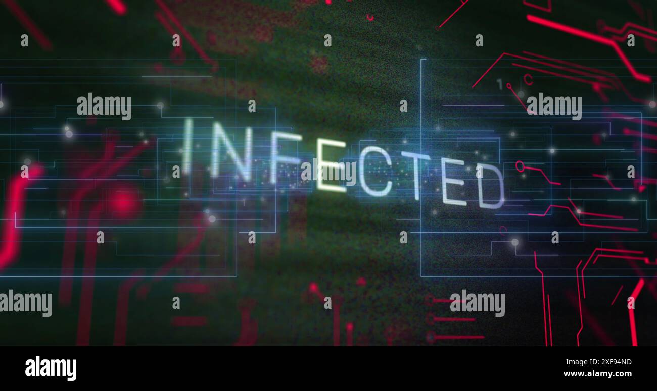 Image Of Infected Text Banner Over Connecting Dots And Microprocessor