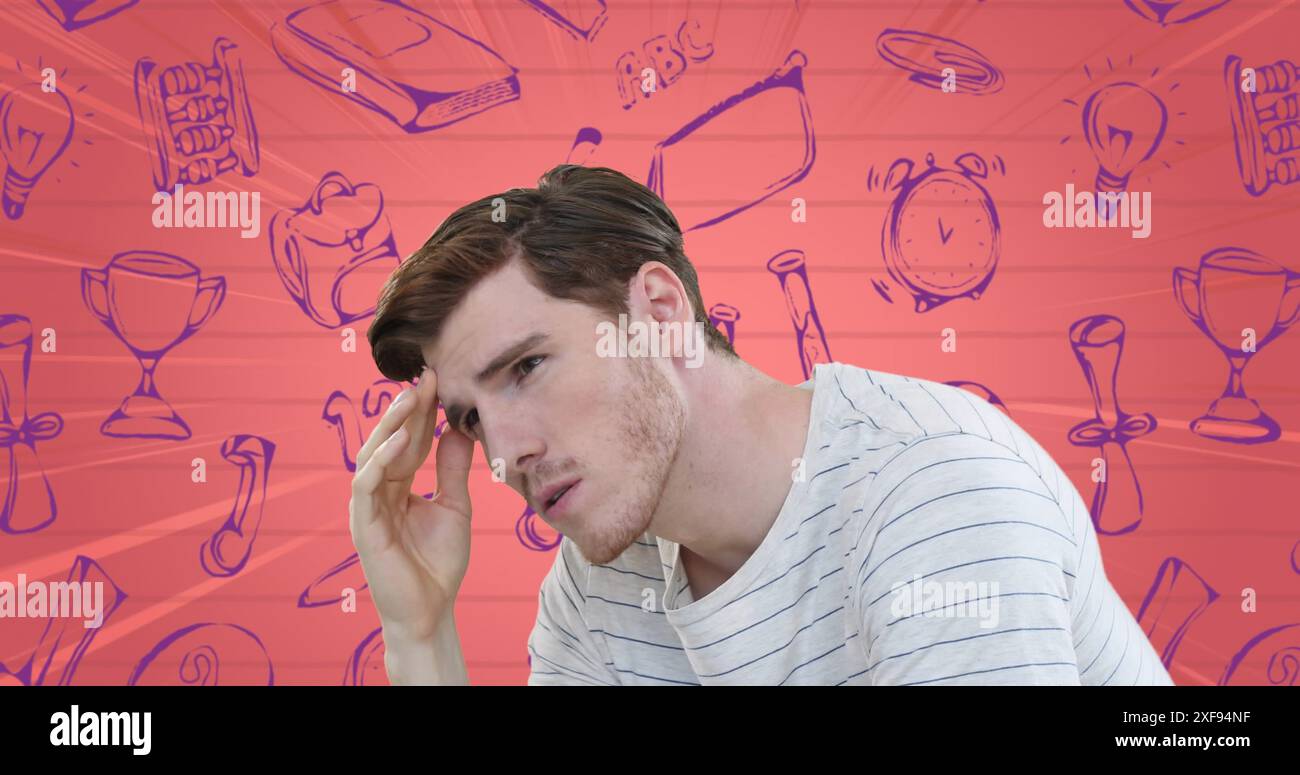 Image of confused caucasian male student over school and learning icons ...