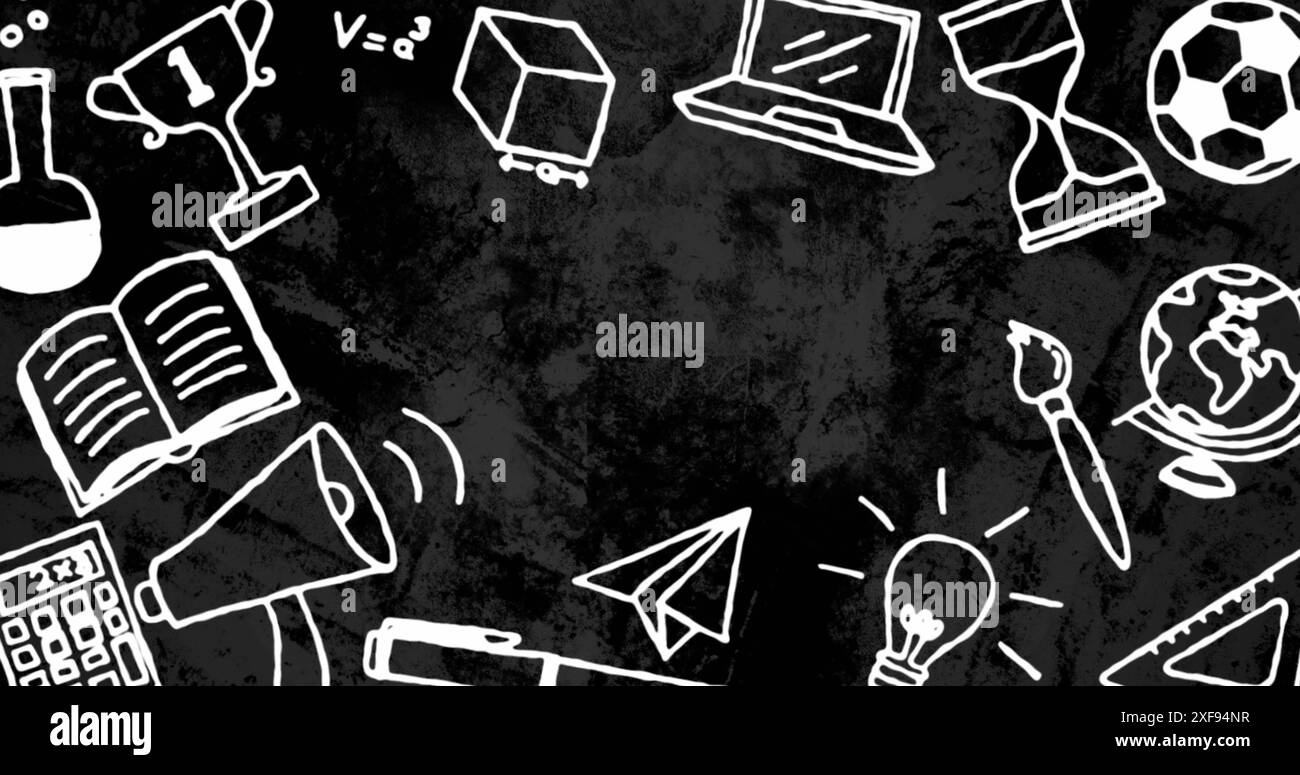 Image of school concept icons against changing grunge effect on black ...