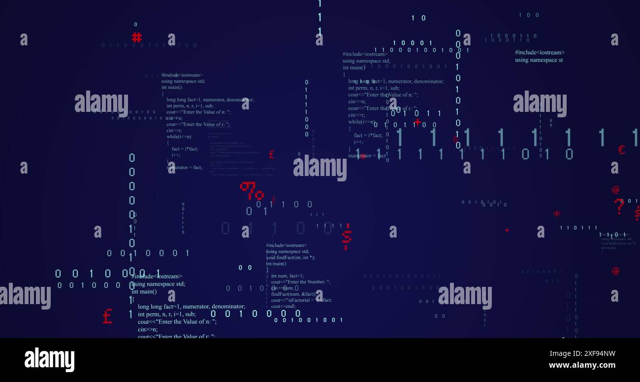 Image of binary coding data processing and symbols floating against blue background Stock Photo ...