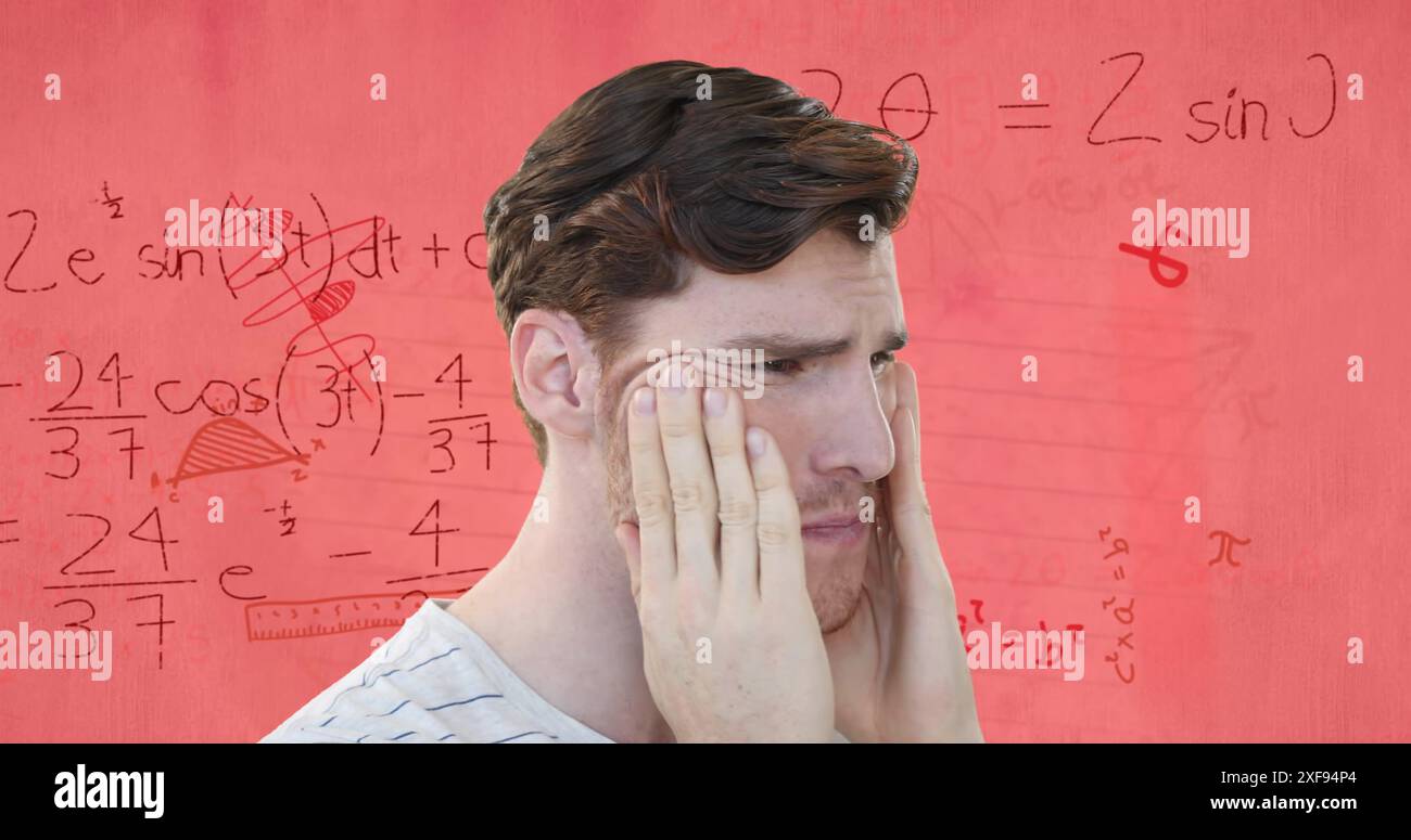 Image of stressed caucasian male student over maths equations and ...