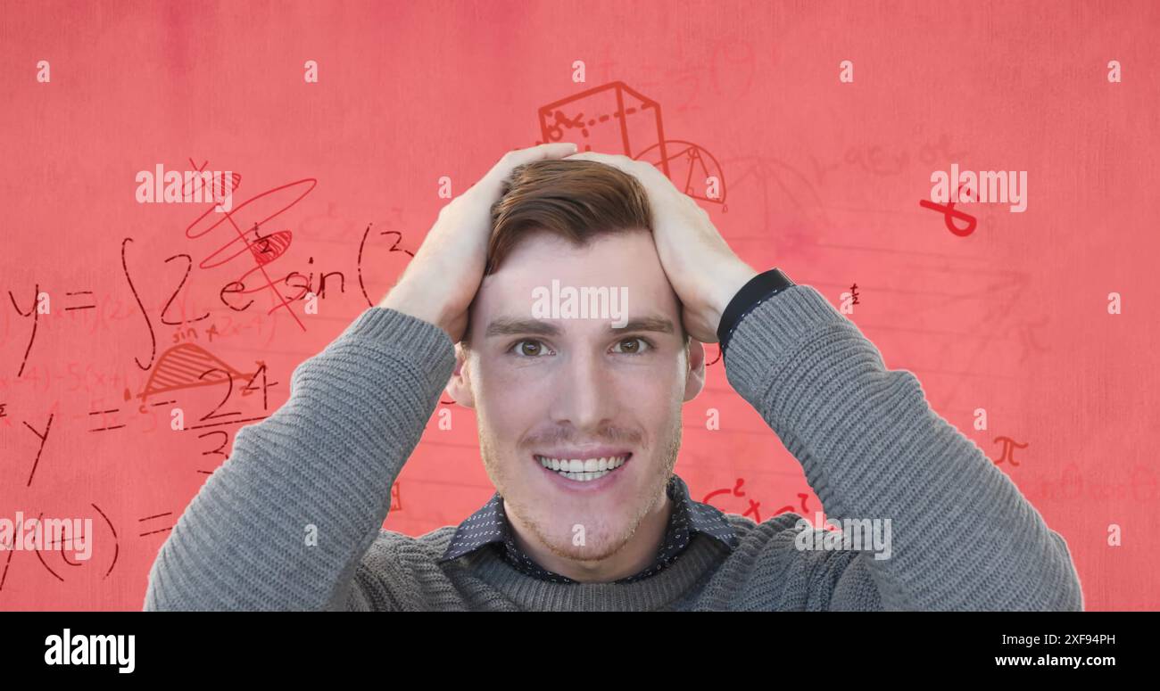 Image of happy caucasian male student over maths equations and geometry ...