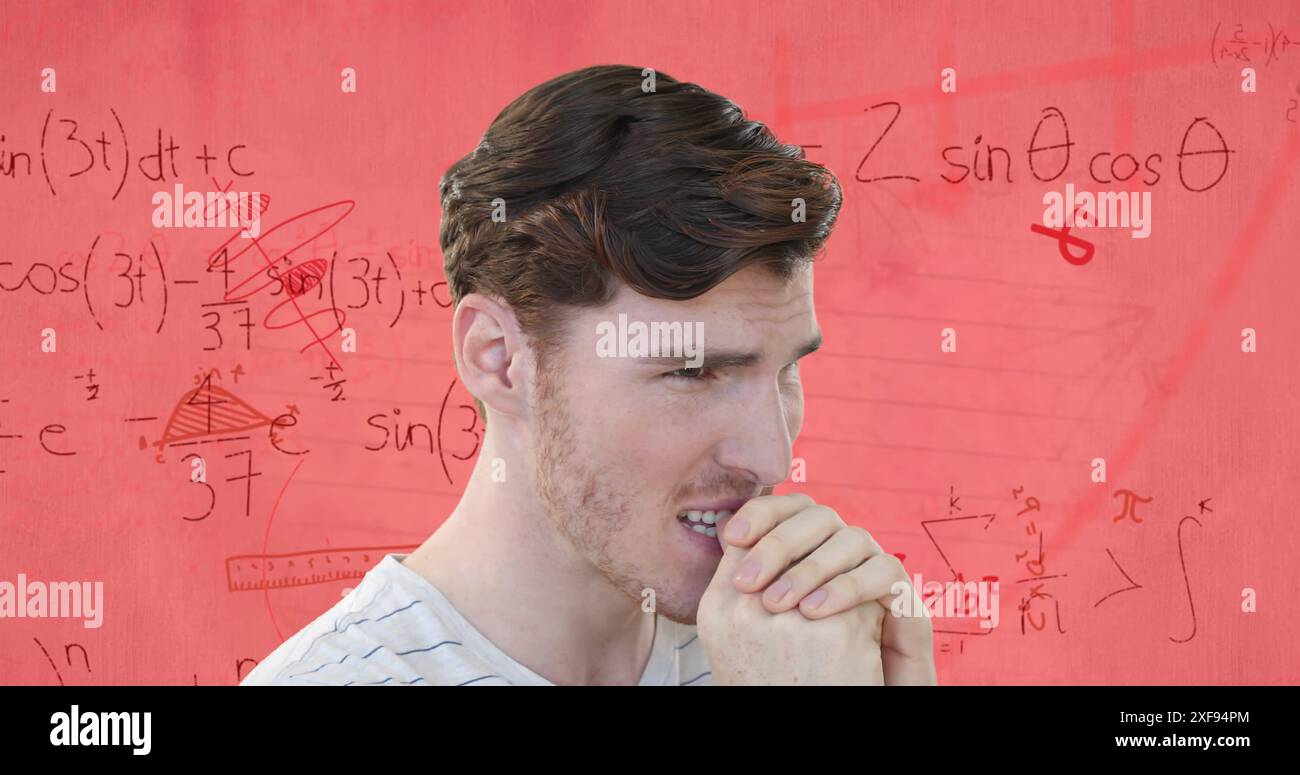 Image of stressed caucasian male student over maths equations and ...