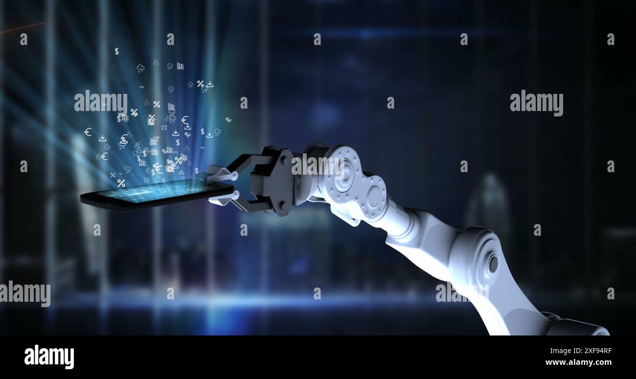 Image of symbols floating over robotic arm holding a smartphone against ...
