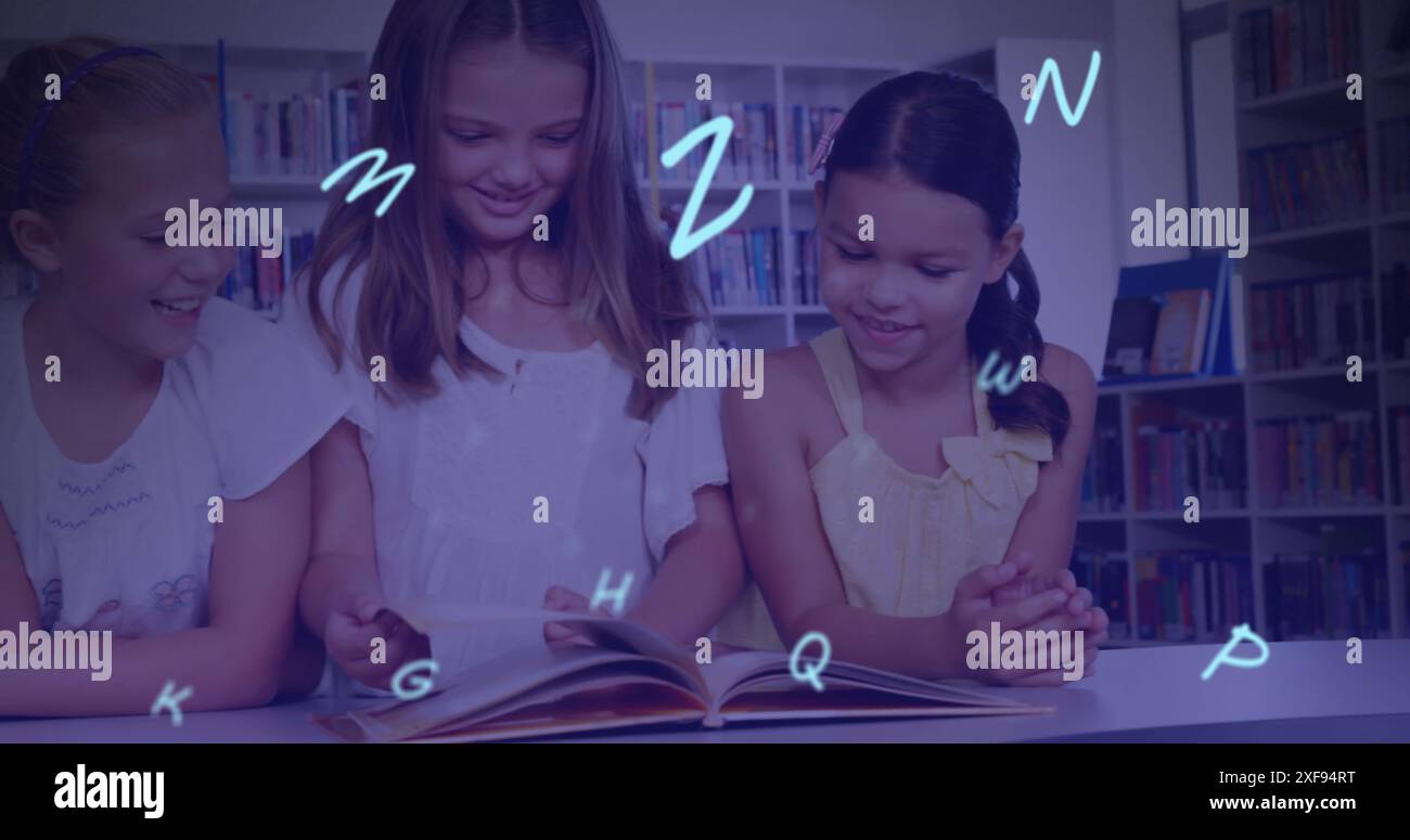 Image of multiple alphabets floating over three diverse girls studying in the library at school ...