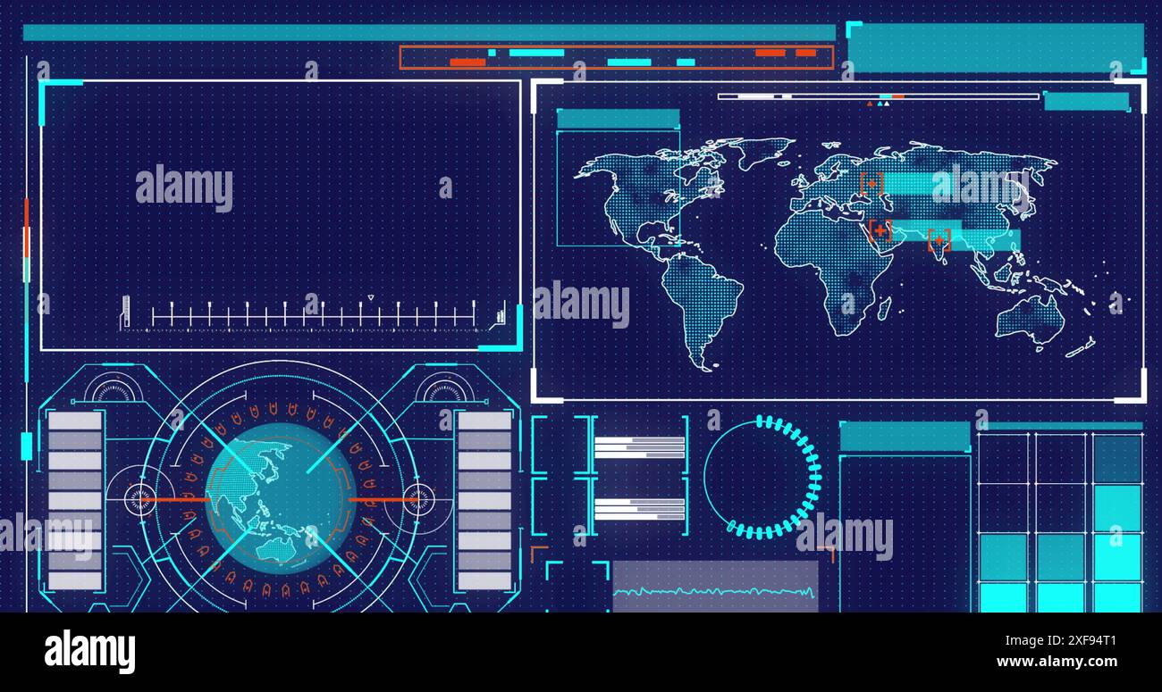 Image of interface with spinning globe, world map and data processing against blue background ...