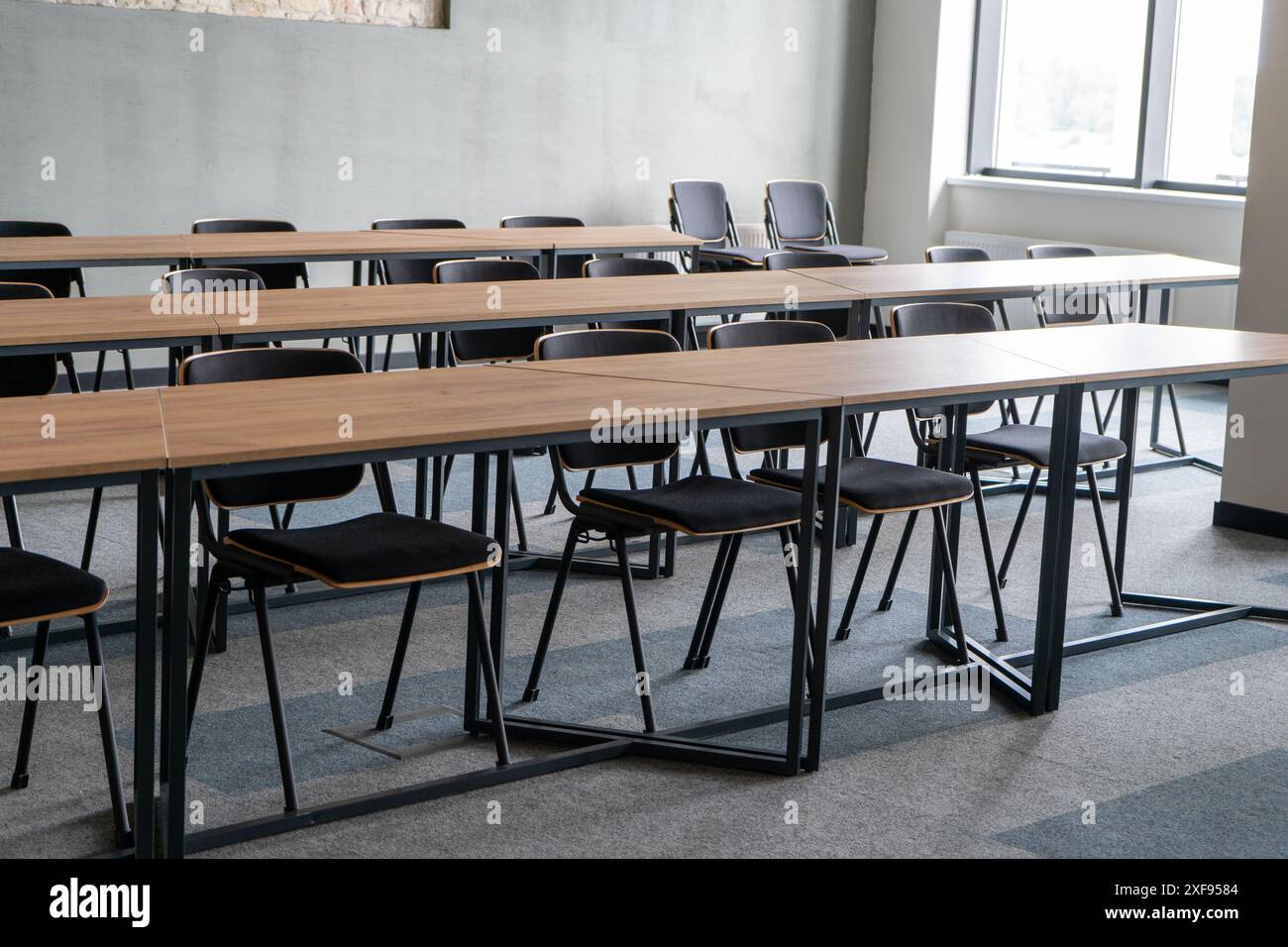 Empty room with tables and chairs for studying. University or school ...