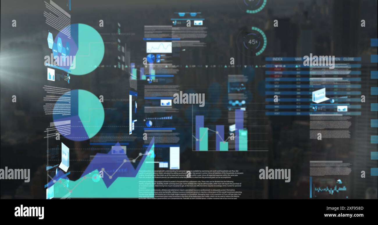 Image of multiple graphs, loading circles and trading board over modern cityscape against sky ...