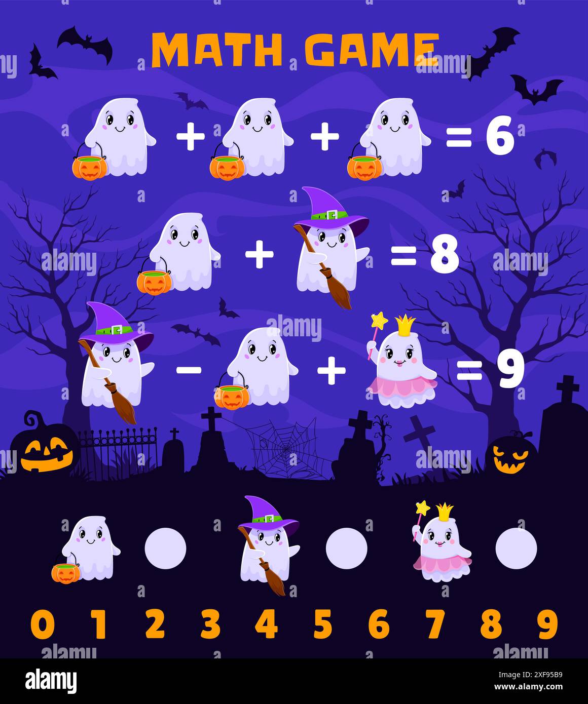 Math game worksheet with kawaii ghost characters. Vector mathematics ...