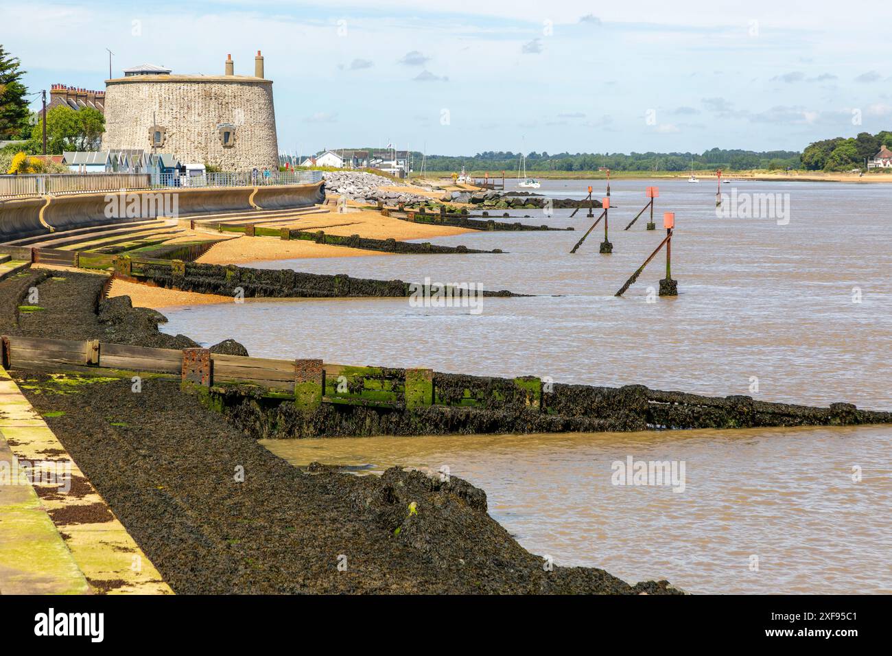 Groynes and stepped sea wall coastal defences at low tide, River Deben ...