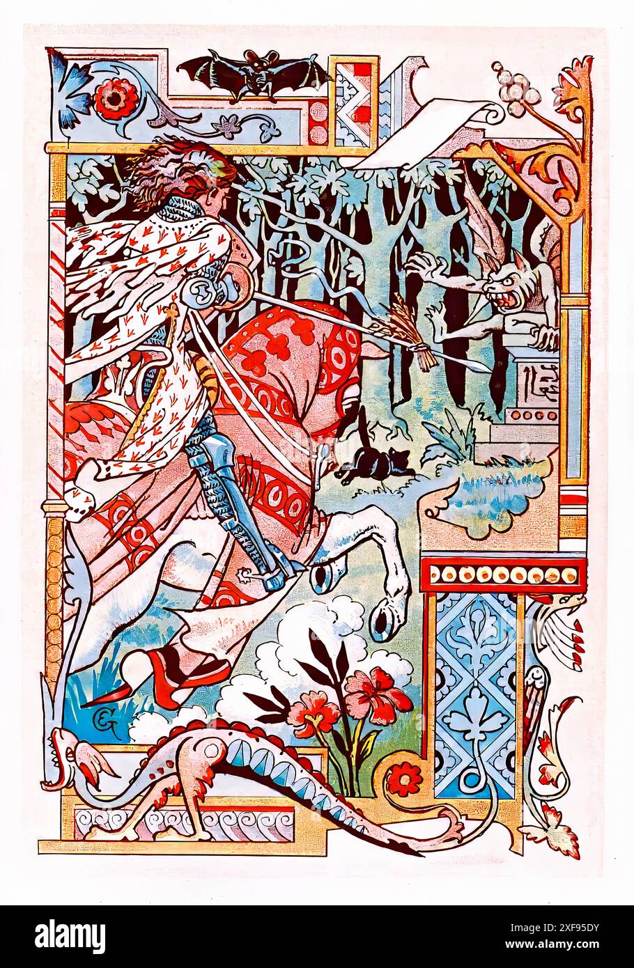 GRASSET Eugène - Chevalier sur son cheval pointant sa lance contre un ...