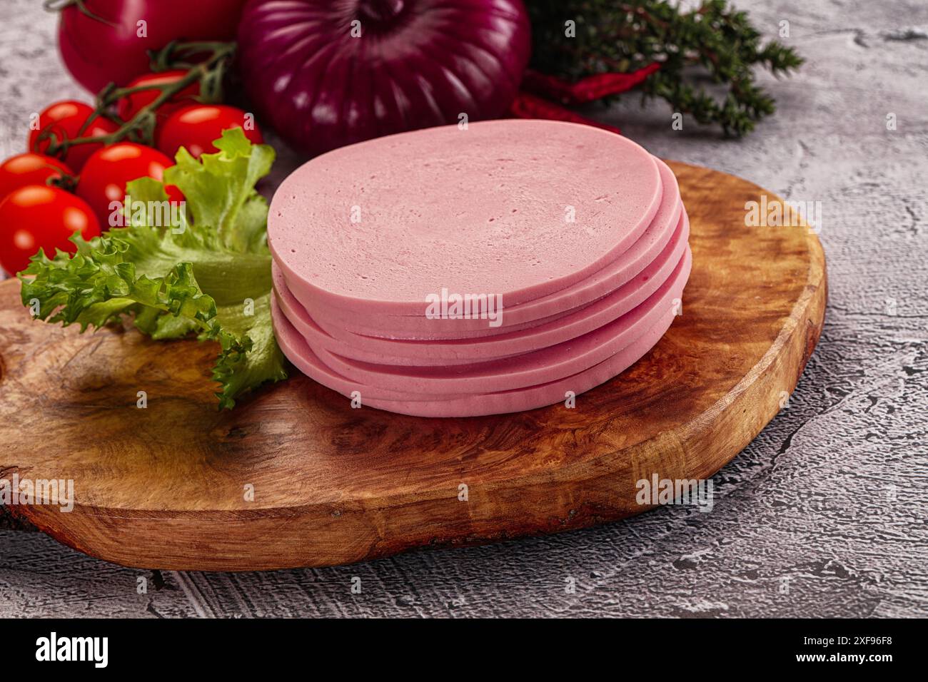 Boiled pork sliced sausage stack for breakfast Stock Photo - Alamy