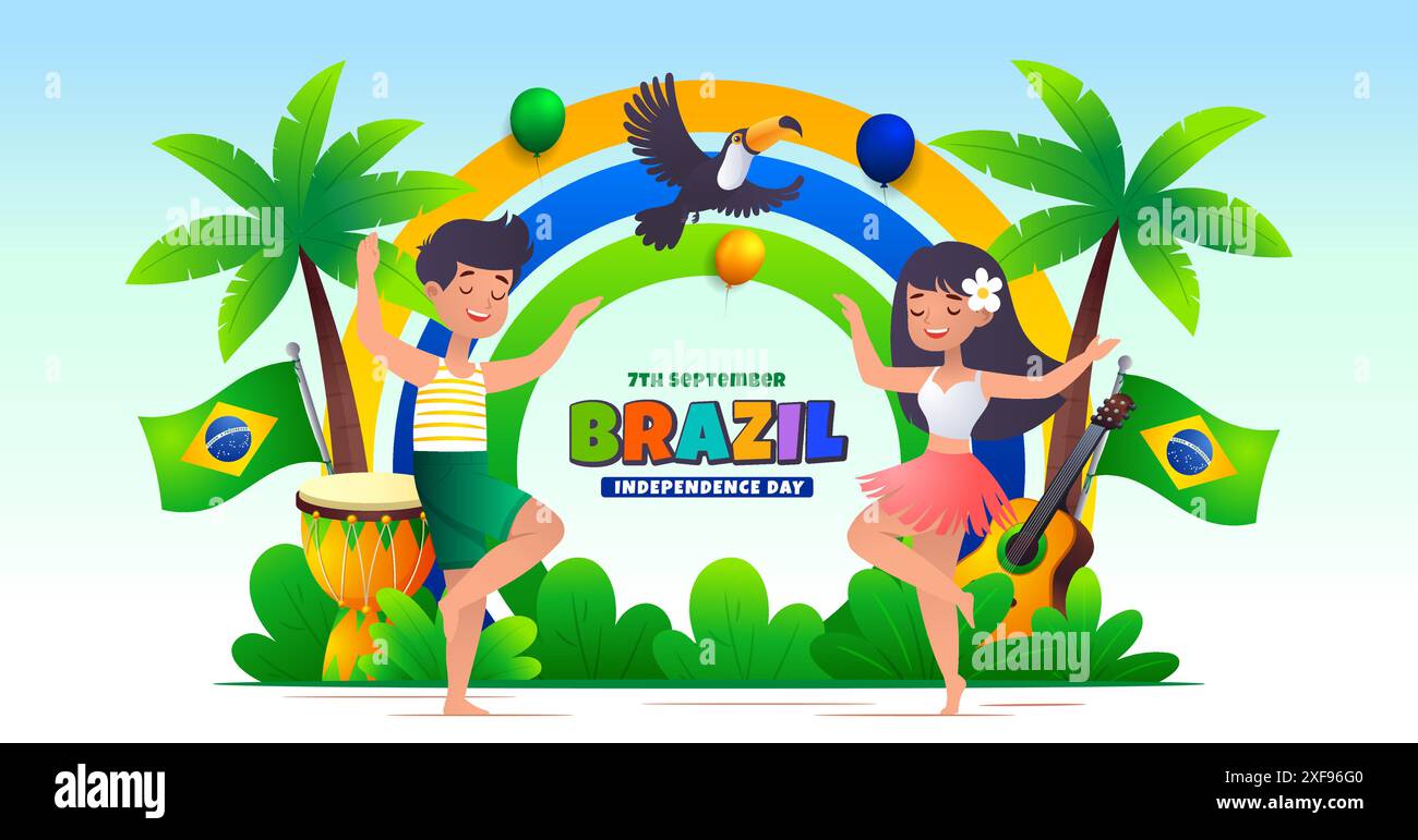 Brazil Independence Day sign, a pair of children dancing samba with ...