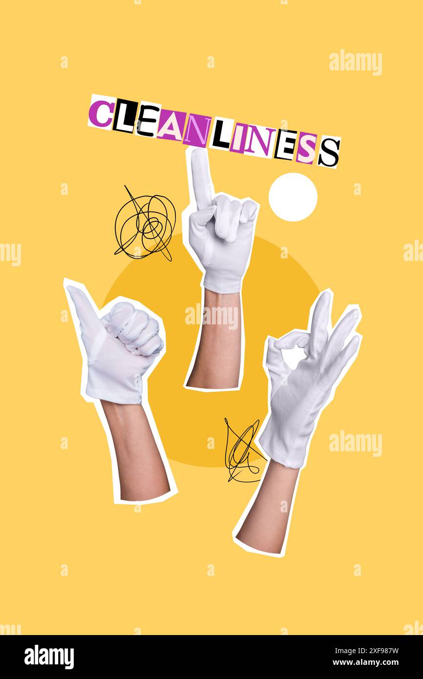 Vertical photo collage of hands wear gloves cleanliness shine tidy up ...