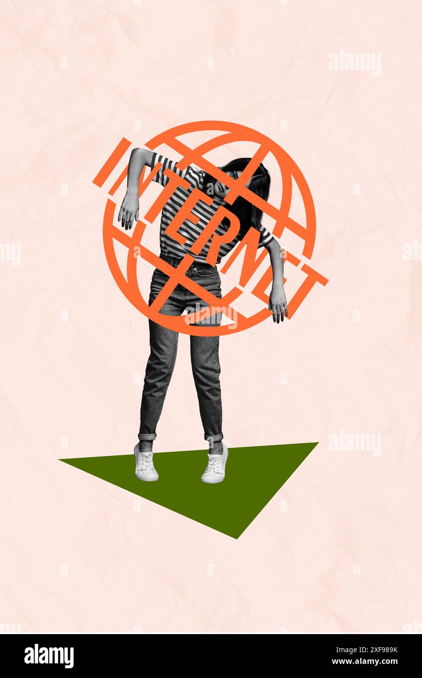 Vertical photo collage of addicted girl inside internet cage hostage ...