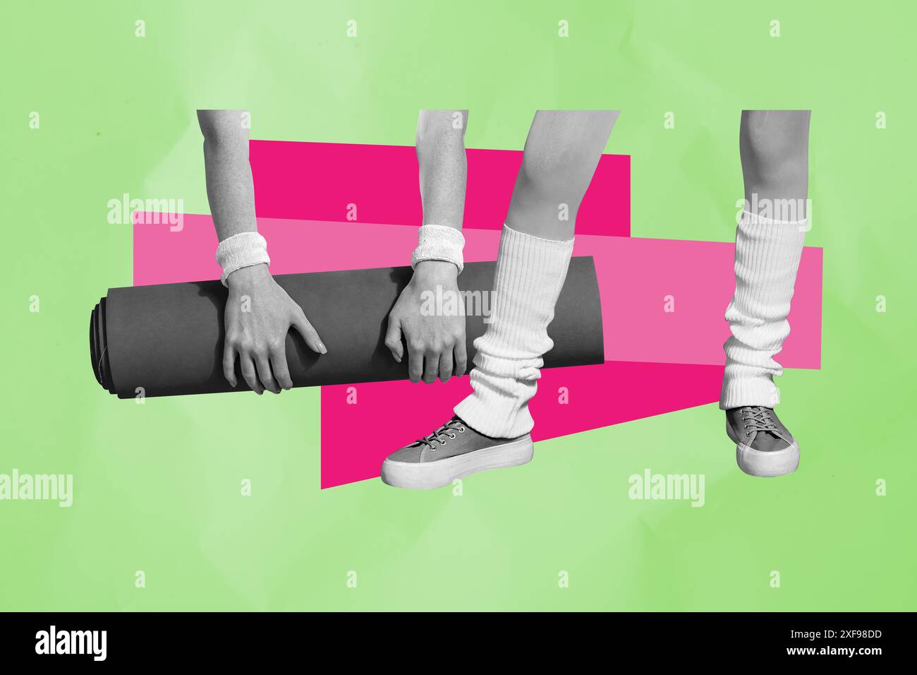 Composite collage picture image of funny female hold gym mat training ...