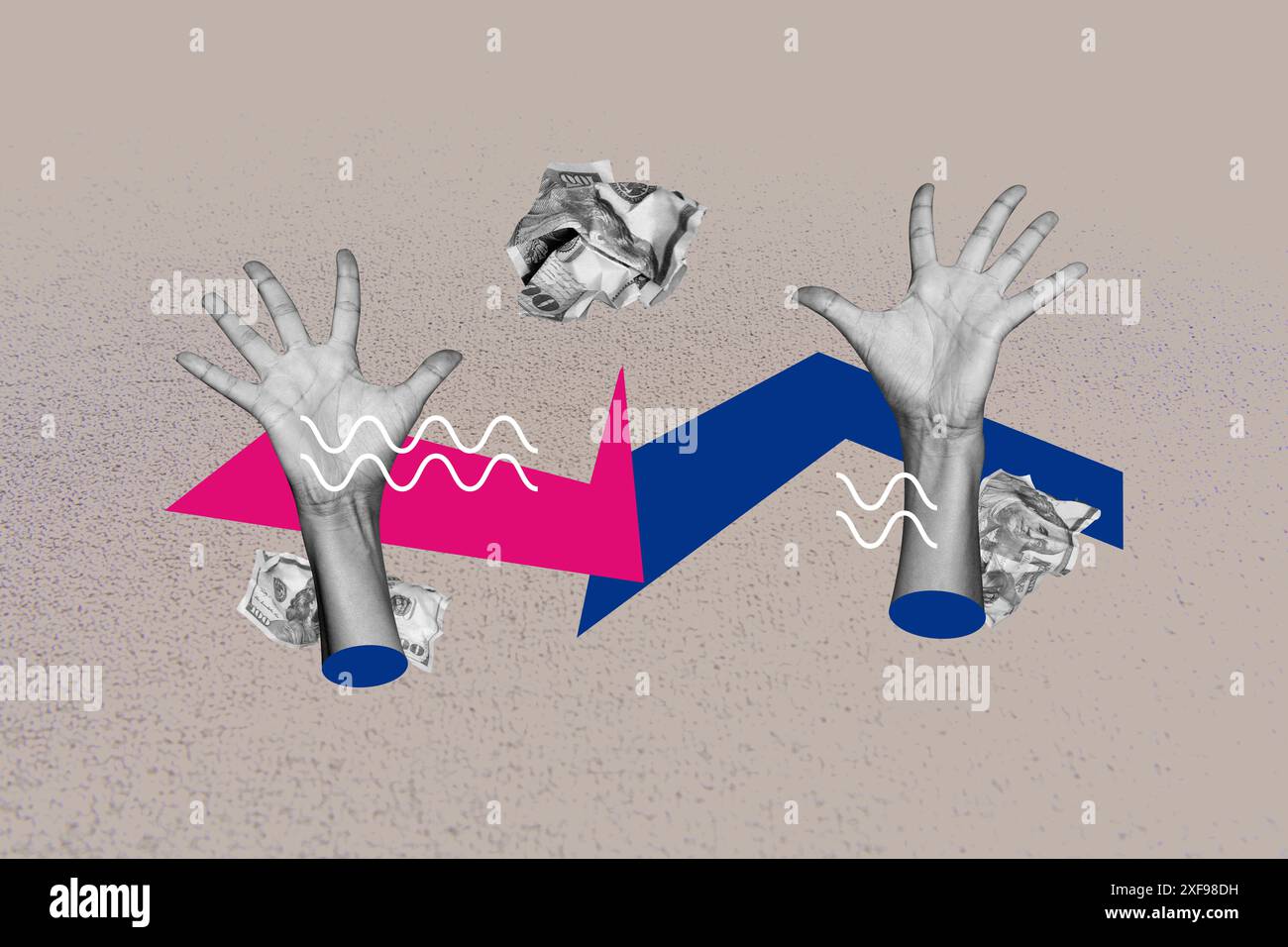 Creative drawing collage picture of hands hold catch crumpled banknotes ...