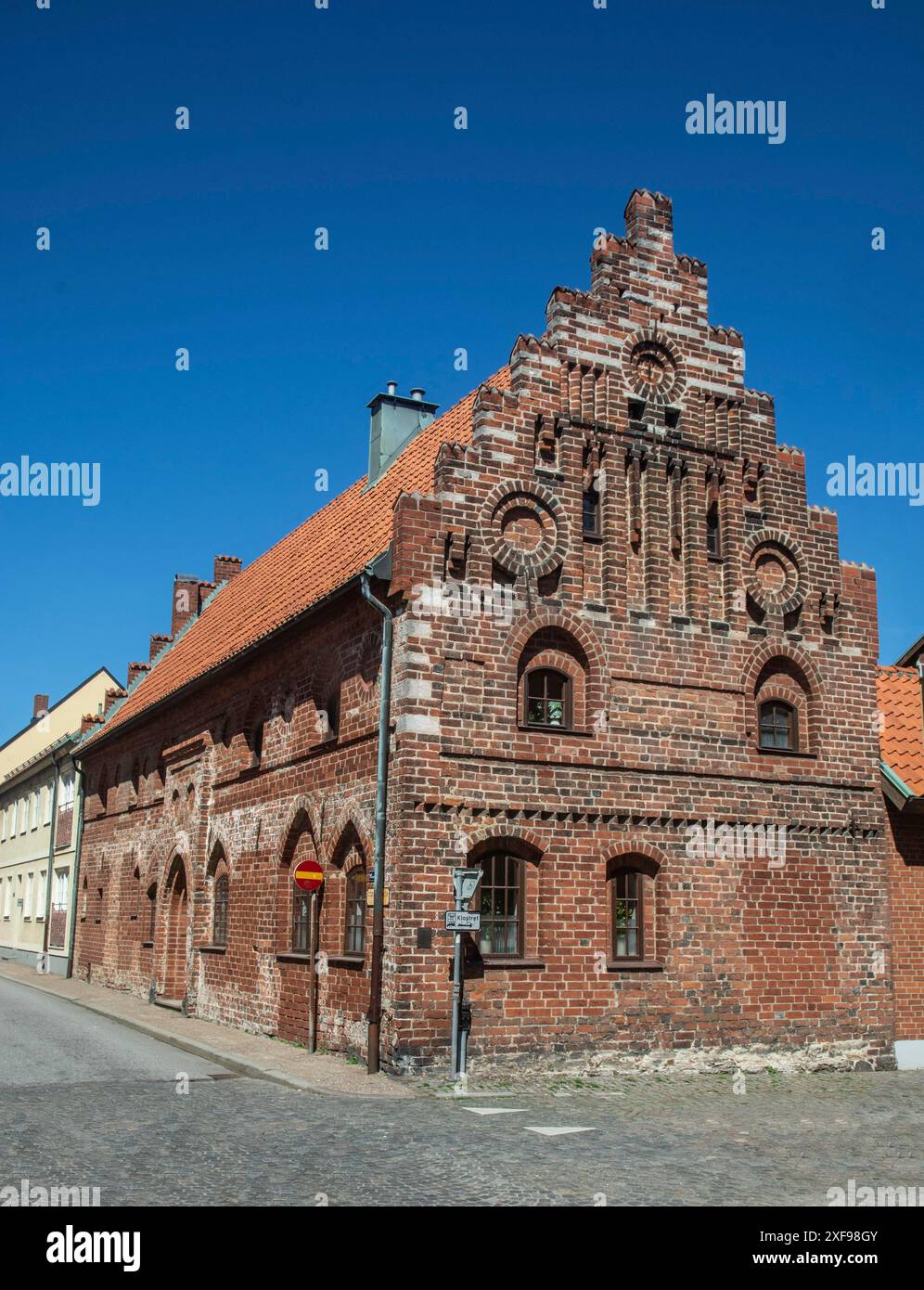 Medieval brick house with stepped gable in the old town of Ystad, Skane ...