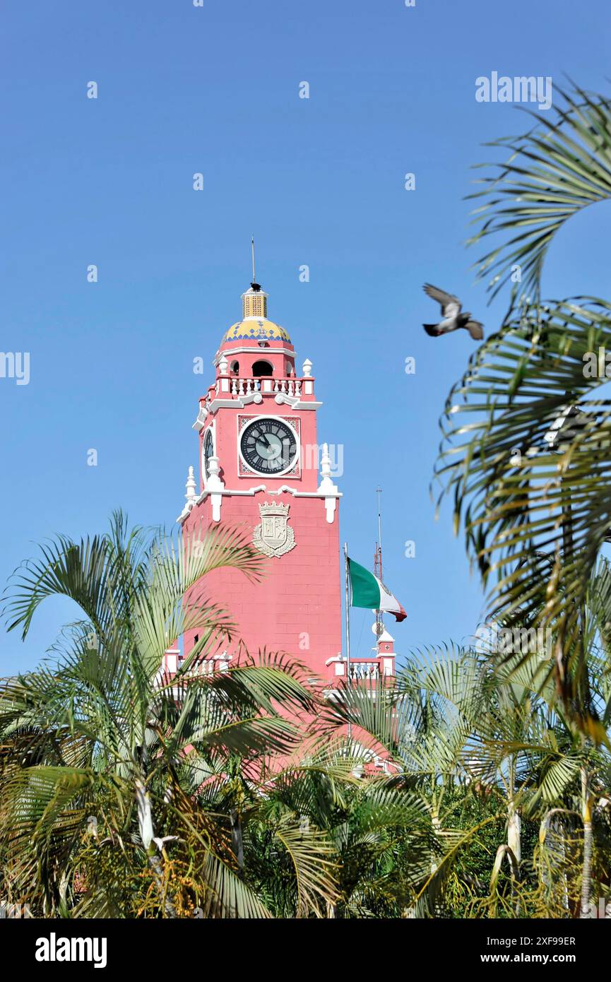 Merida, Yucatan, Mexico, Central America, Red clock tower in colonial ...