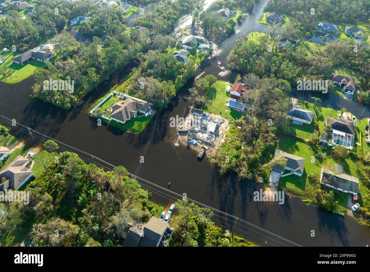Flooded houses by hurricane rainfall in Florida residential area ...