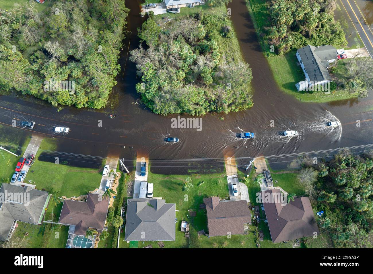 Flooded road in Florida after heavy hurricane rainfall. Aerial view of ...