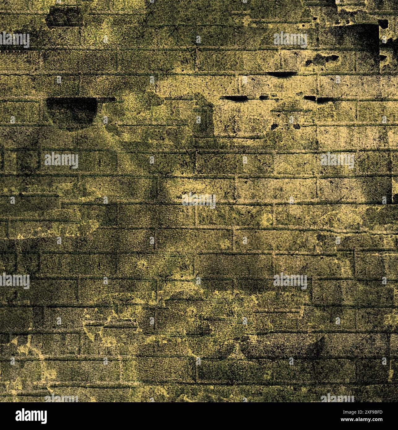 Weathered brick wall with yellow and black grunge textures, aged and ...