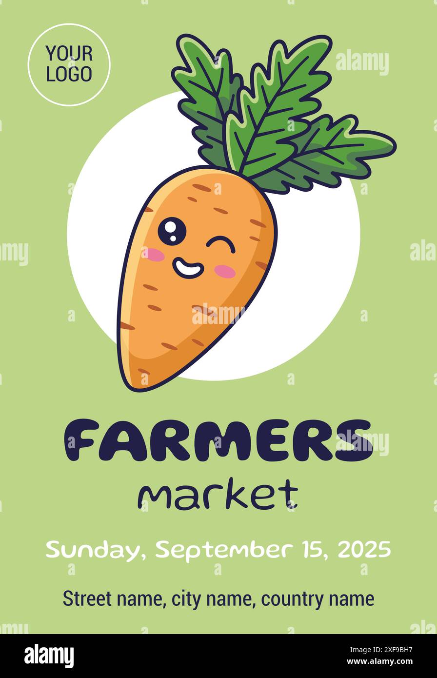 Farmers market flyer with Kawaii Carrot character. Kawaii style poster ...