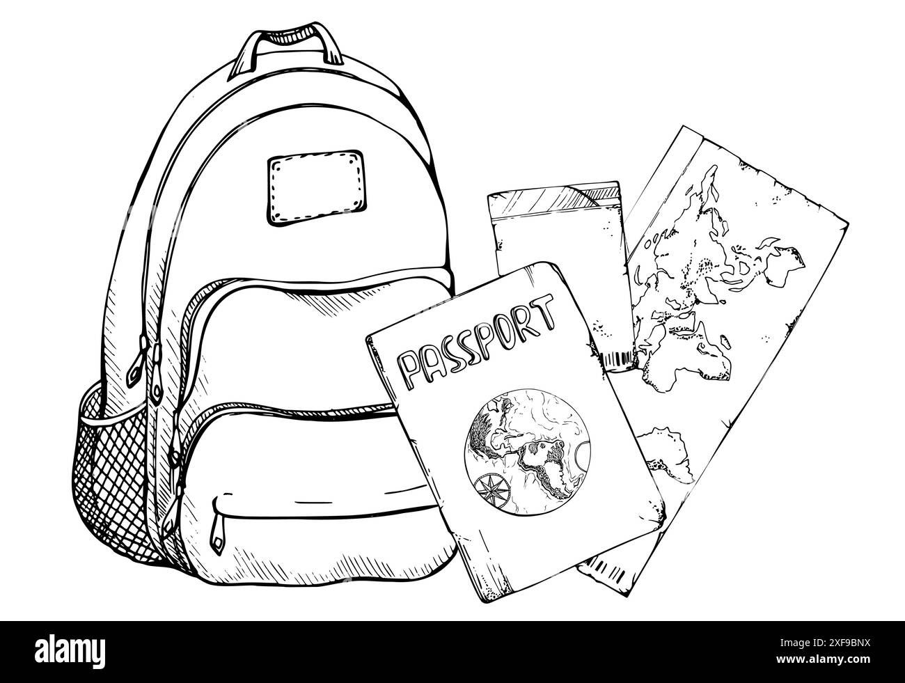 Old leather vintage backpack bag, passport id document, ticket coupon ...