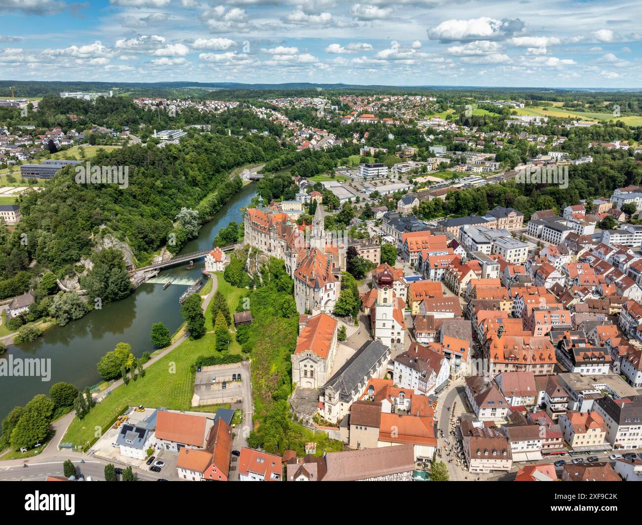 Aerial view of the town of Sigmaringen with the Danube and the ...