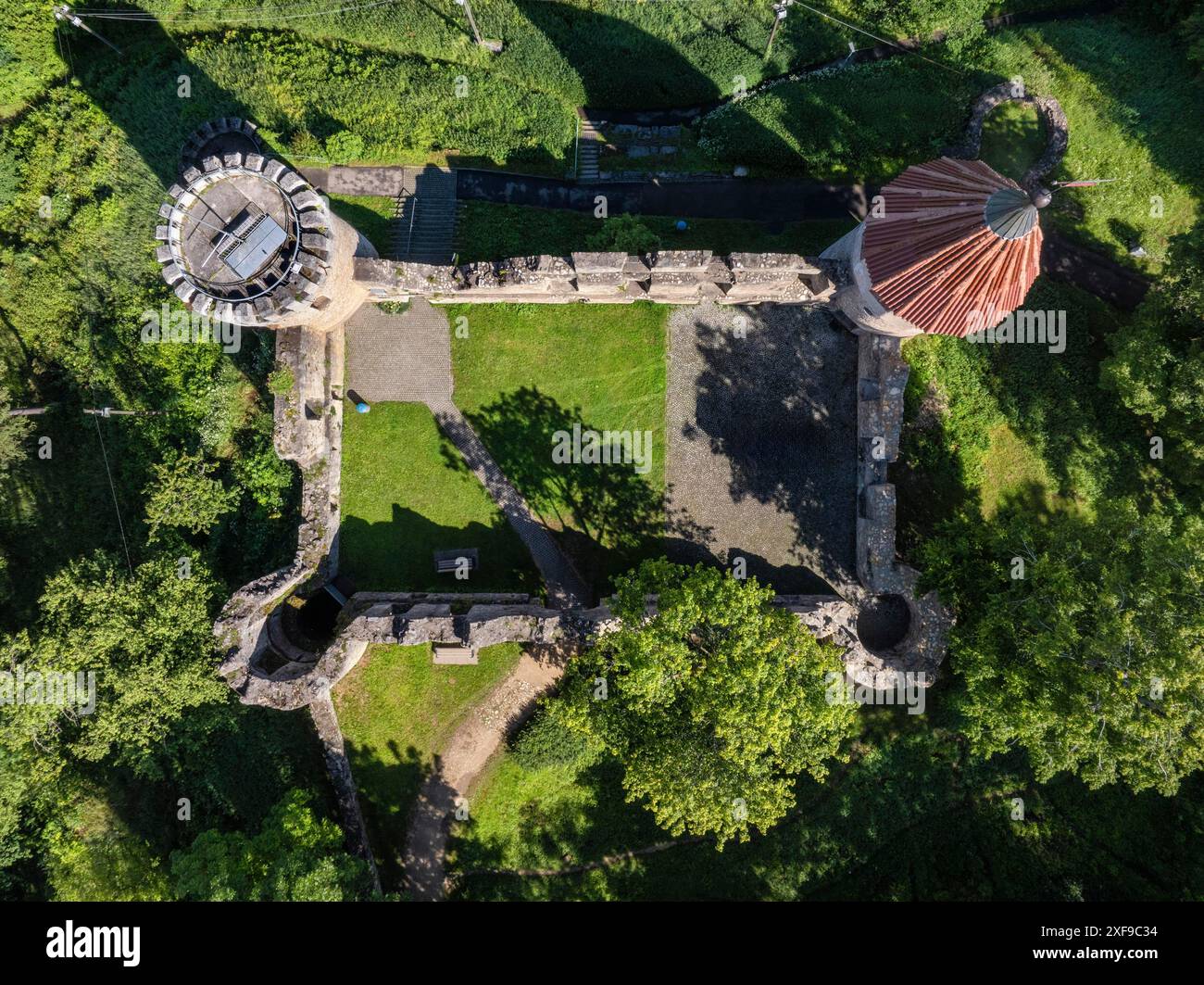 Aerial view, top down view of the Honburg castle ruins on the Honberg ...