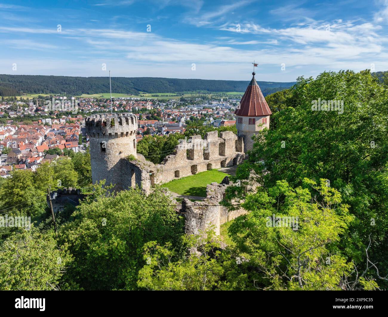 Aerial view of the Honburg castle ruins on the Honberg above the town ...