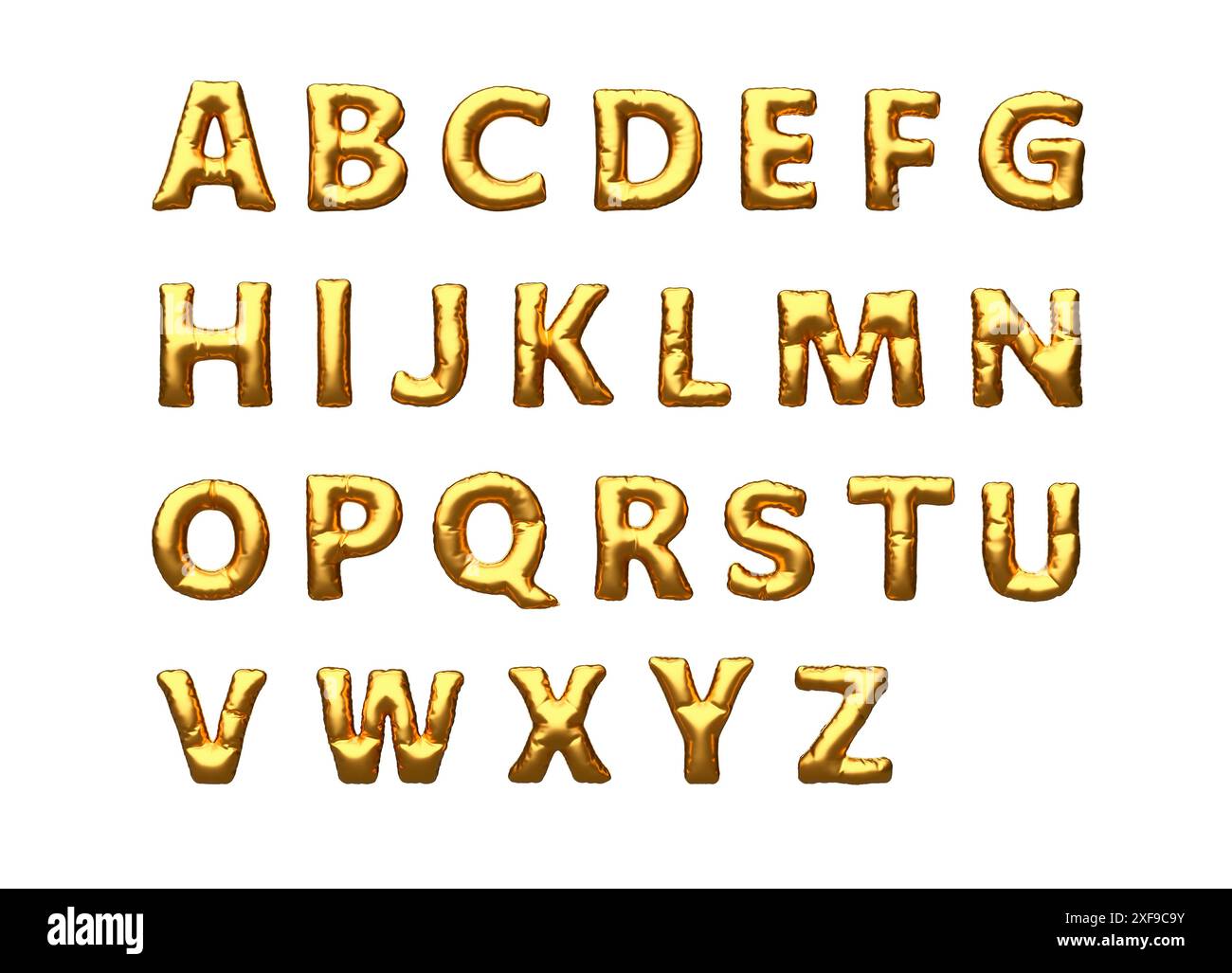 Golden inflatable balloon font forming the alphabet, isolated on a ...