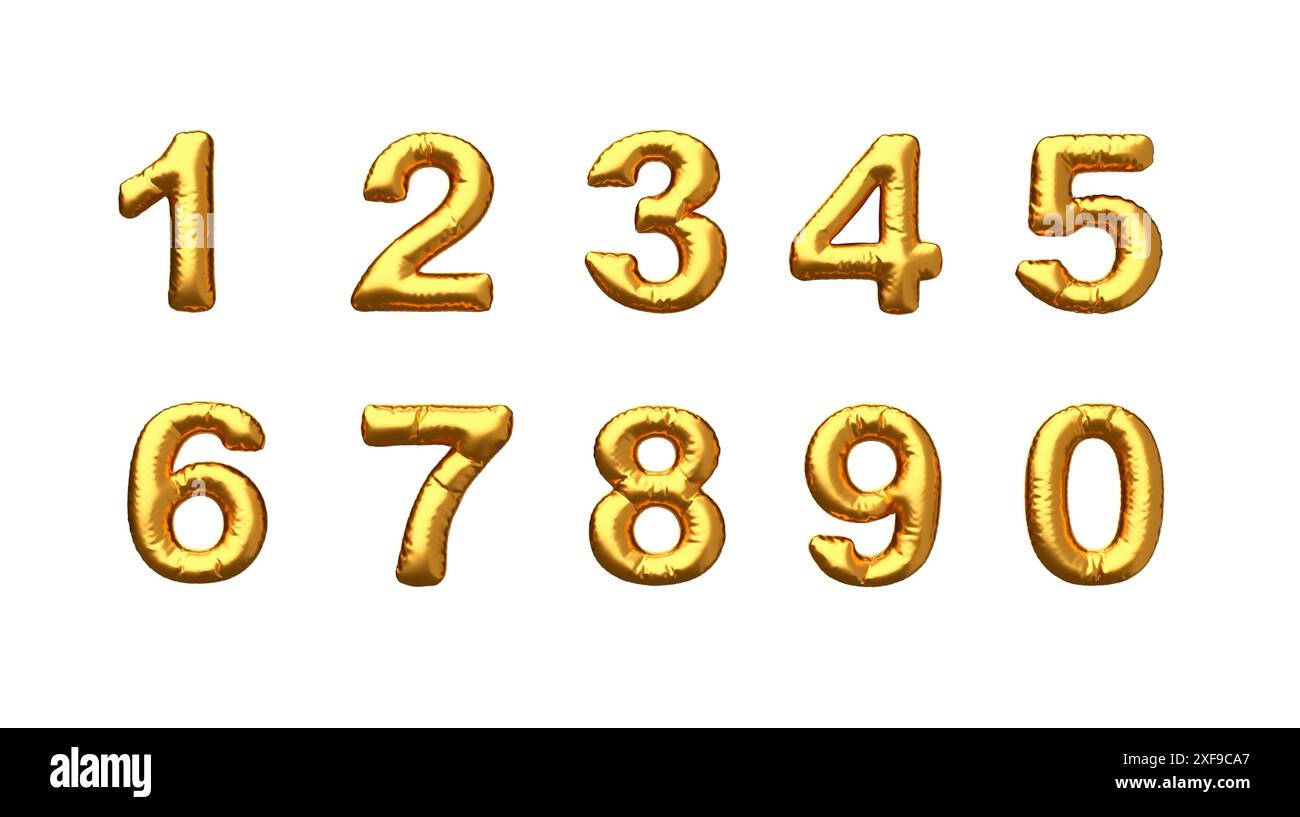Golden foil balloons forming numbers from zero to nine, suitable for ...