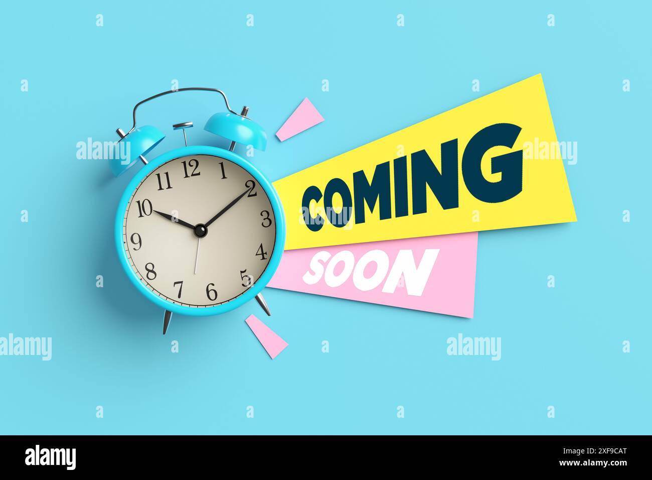 Blue alarm clock is announcing an upcoming event with a coming soon ...