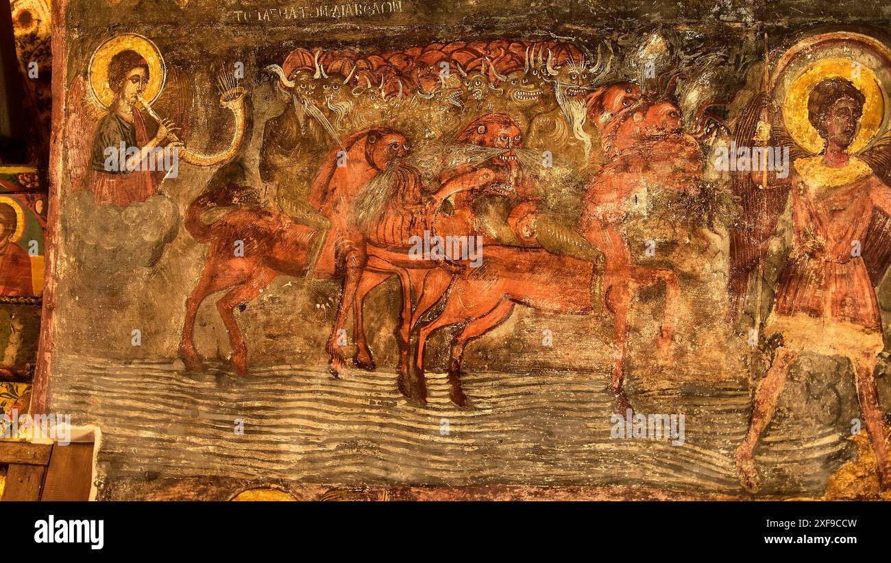 Antique fresco with depictions of saints, camels and biblical scene ...