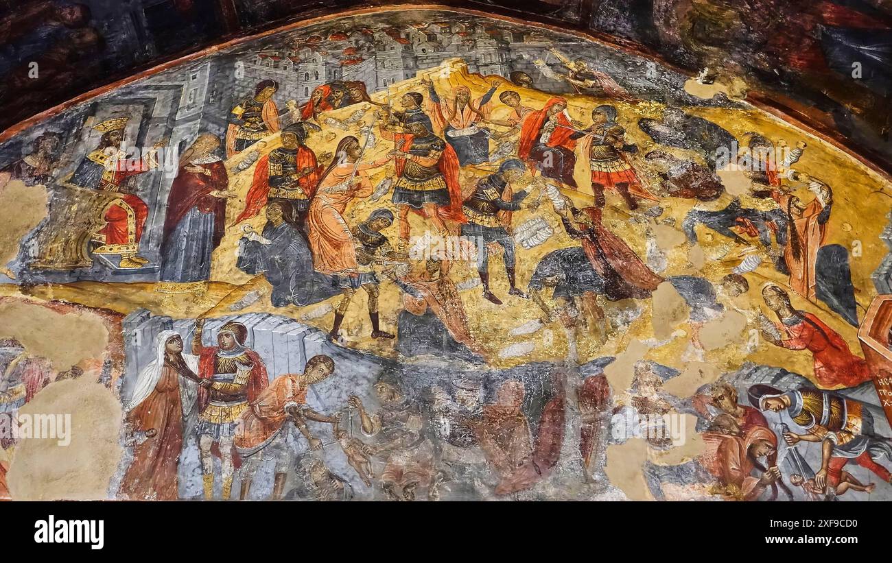 Historical fresco painting depicting a complex religious scene ...