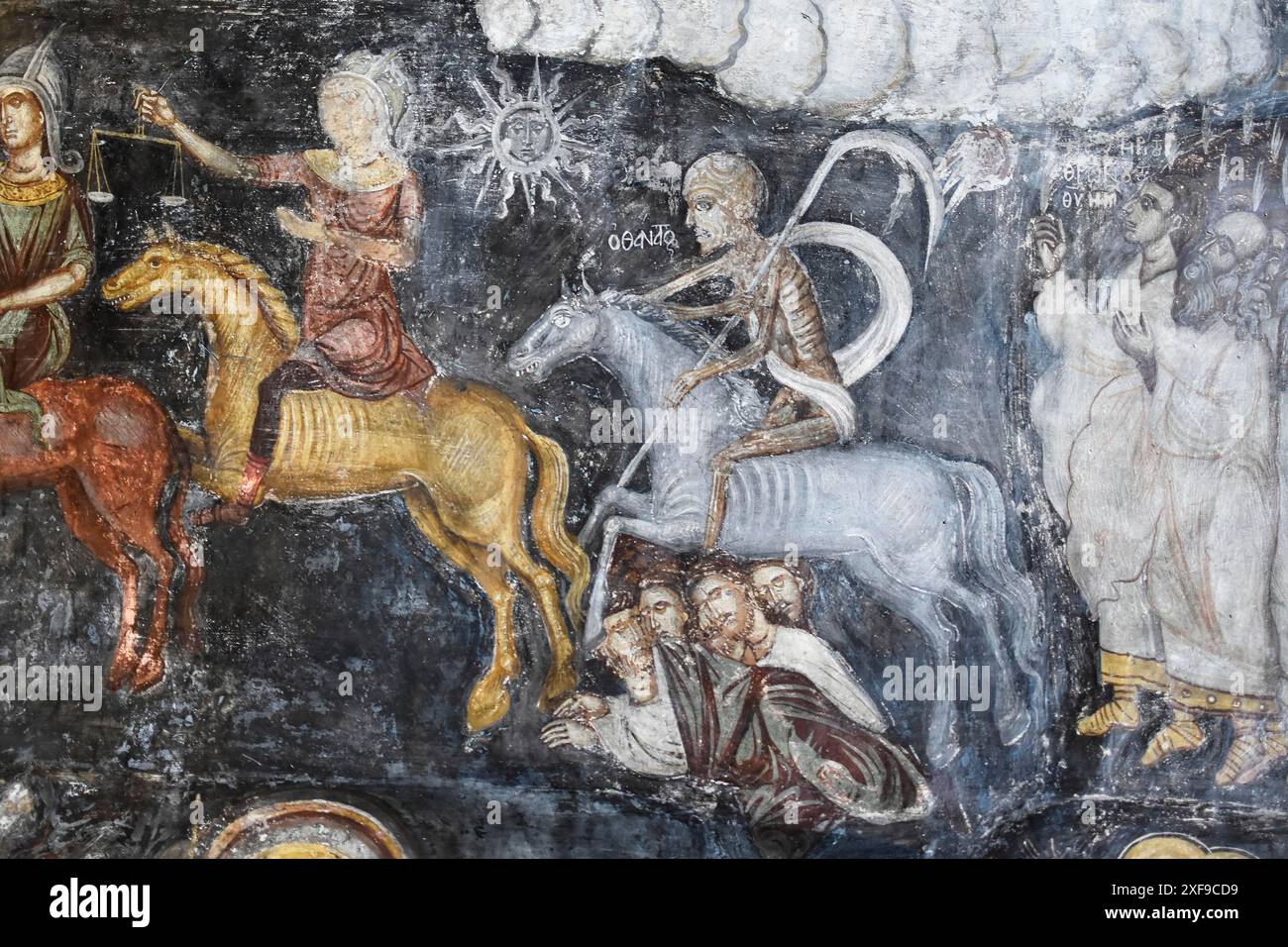 Medieval fresco of apocalyptic horsemen with a skeleton, an angel and a ...