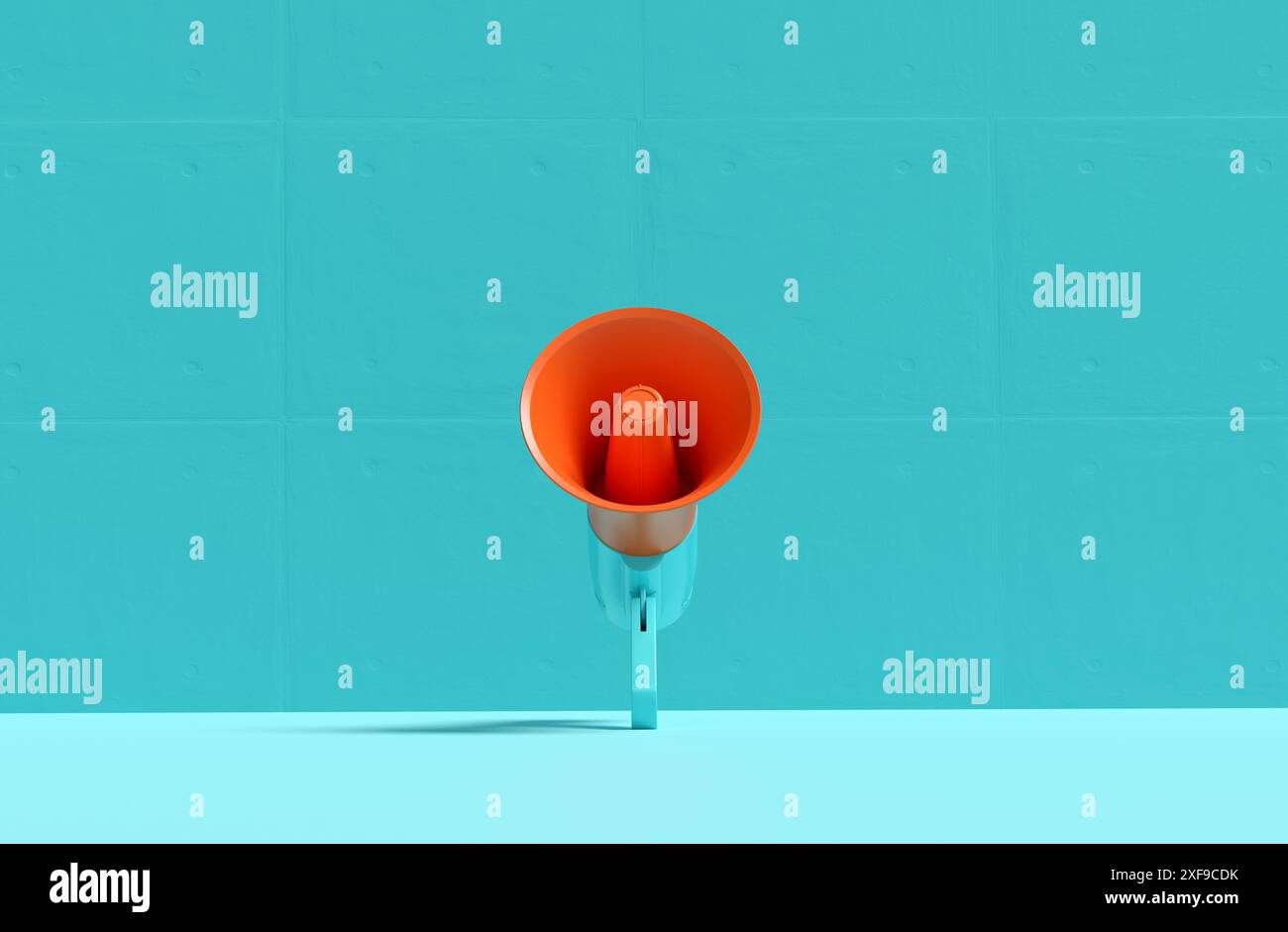 Orange megaphone standing on blue background is making announcement ...
