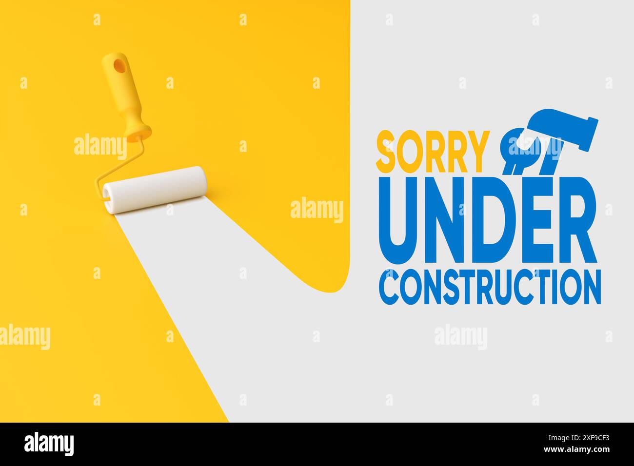 Sorry under construction message. Paint roller painting a white line on ...