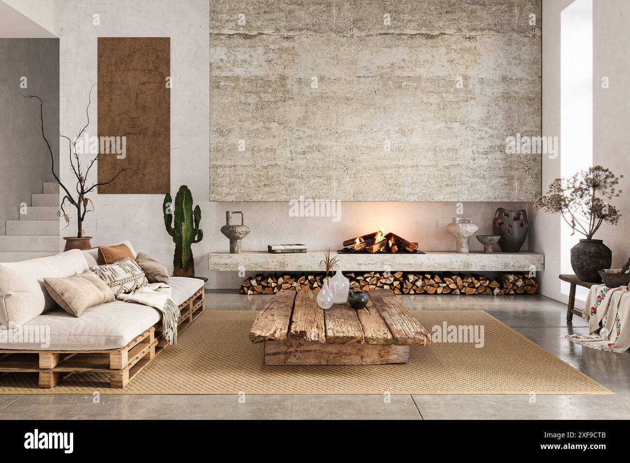 Wabi sabi style interior with rustic fireplace and white stucco walls ...